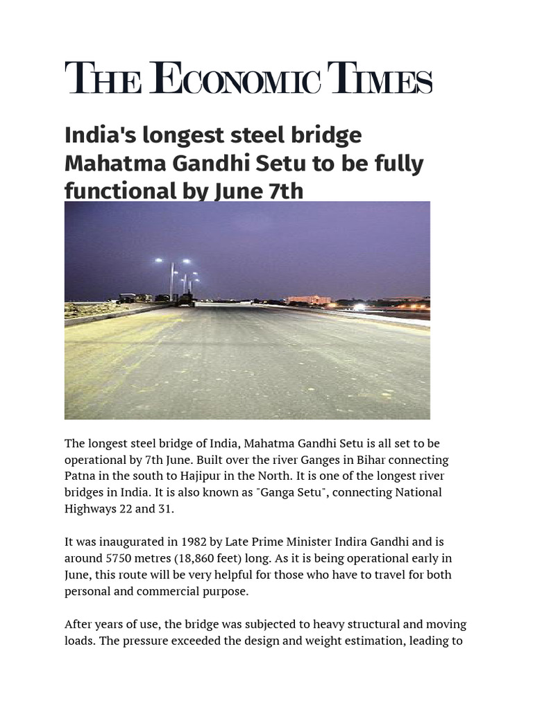 The Economic Times - 31 May 2022 - India's Longest Steel Bridge Mahatma ...