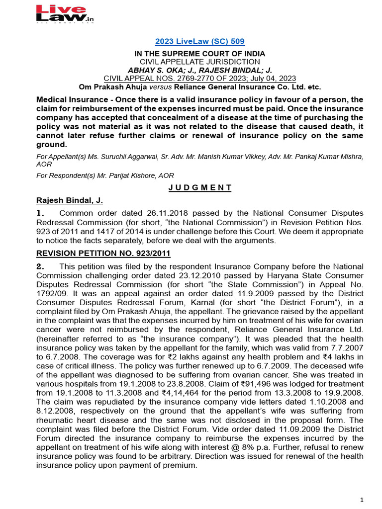 509 Om Prakash Ahuja V Reliance General Insurance Co LTD 4 Jul 2023 ...