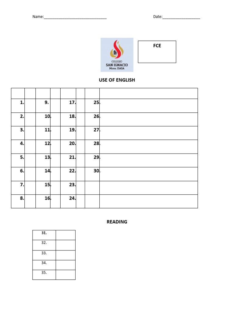 Answer Sheet FCE PAPER 1 | PDF