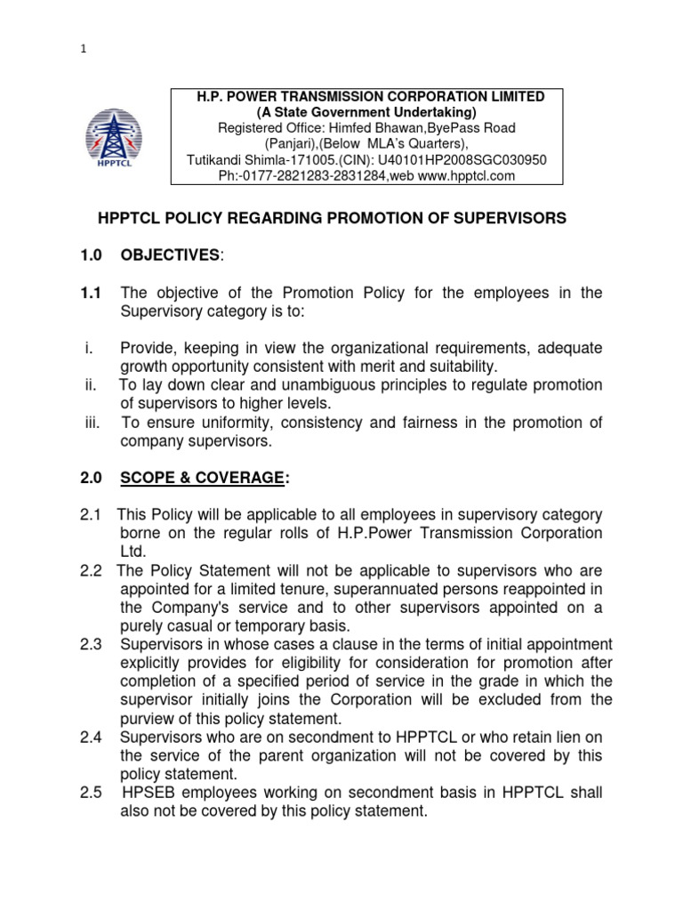 HPPTCL Supervisor Promotion Policy | PDF | Academic Degree | Performance Appraisal