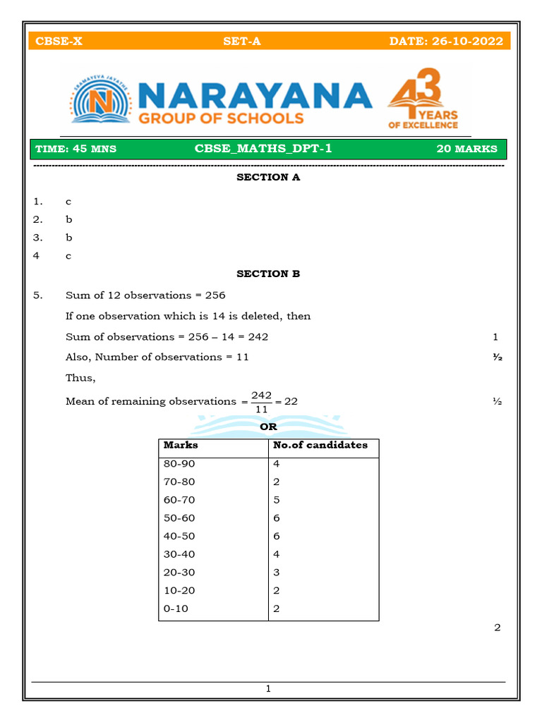 Set-A Cbse X Maths DPT-1 26-10-22-Key | PDF | Mathematics | Sampling ...