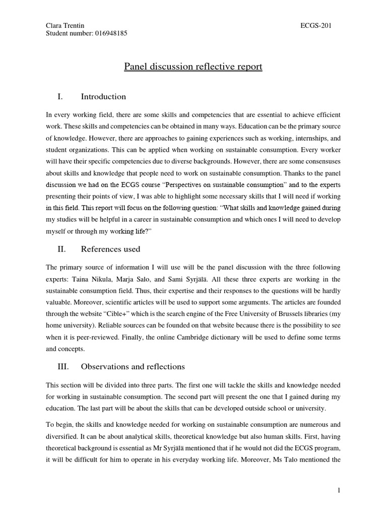 Panel Discussion Reflective Report Clara Trentin | PDF | Expert | Knowledge
