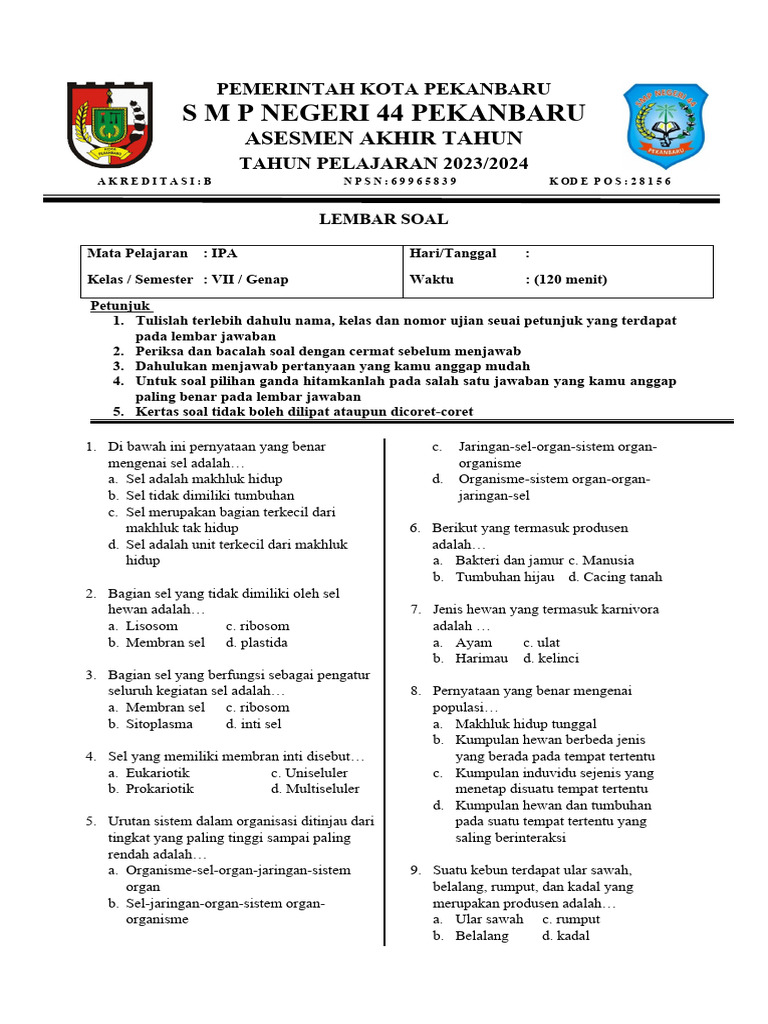 Soal Ipa Pas Kelas 7 SMT 2 | PDF | Sains & Matematika