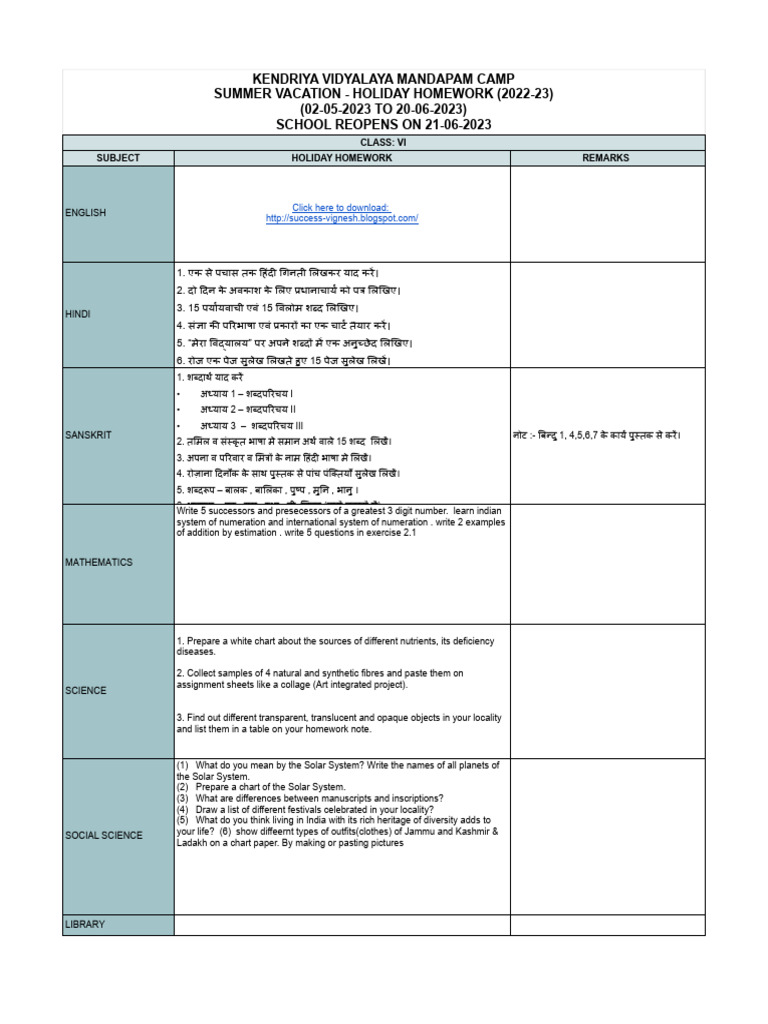 Holiday Homework - Summer 2023 | PDF