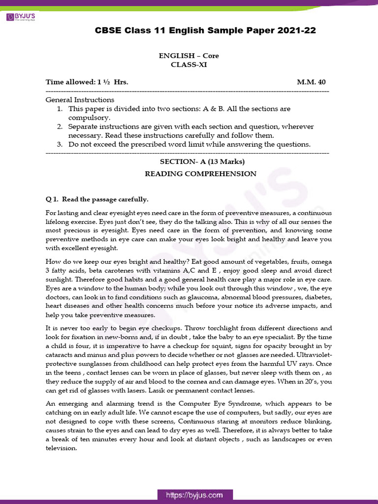 CBSE Class 11 English Sample Paper Set 4 | PDF | Glasses | Ophthalmology
