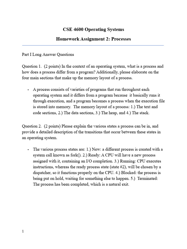 CSE 4600 Operating Systems Homework Assignment 2: Processes | PDF | Process (Computing ...