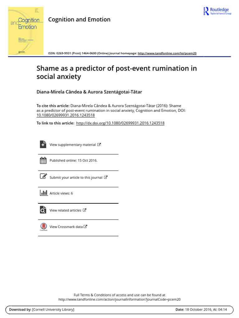 Shame As A Predictor of Post-Event Rumination in Social Anxiety | PDF ...