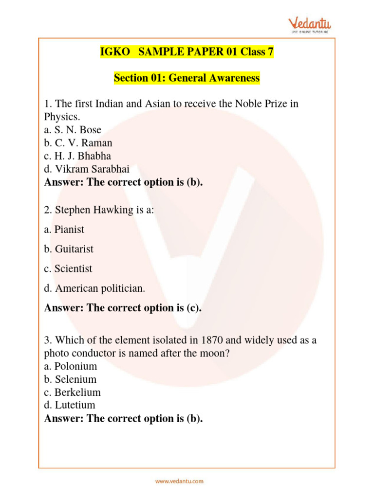 IGKO Sample Paper 2 For Class 7 - Free PDF Download | PDF