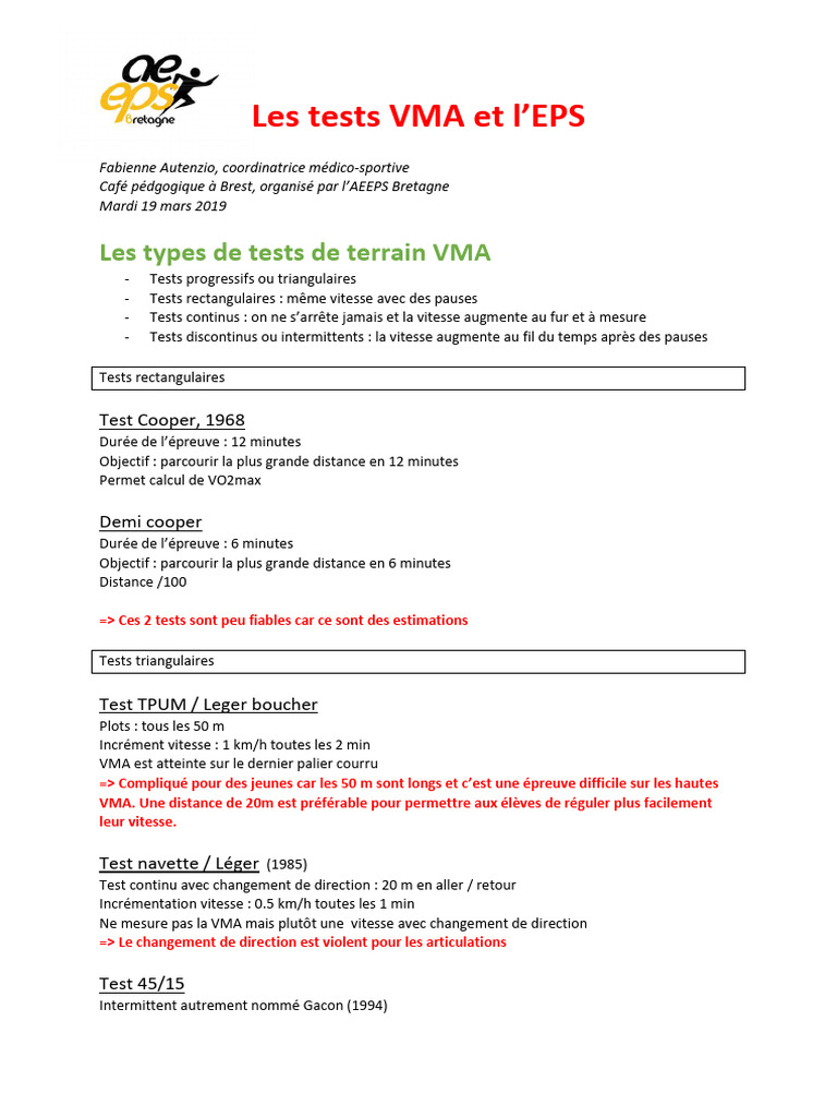 Tests VMA en EPS : Méthodes et Évaluations | PDF | Forme physique ...