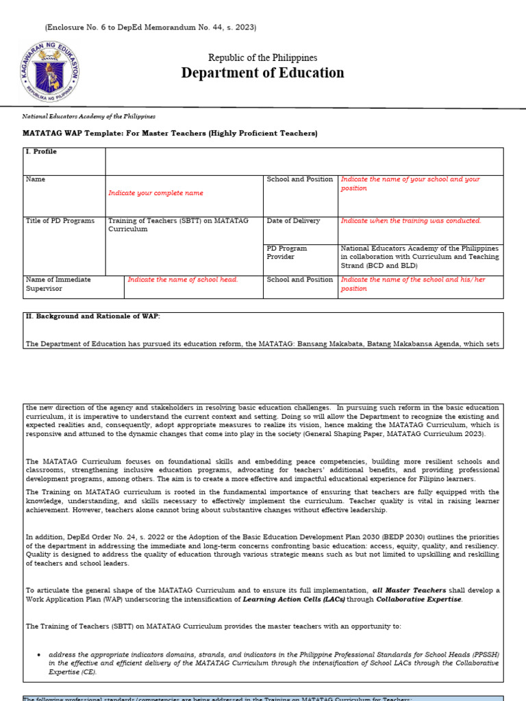 Sample MATATAG WAP For Master Teachers | PDF | Educational Assessment ...