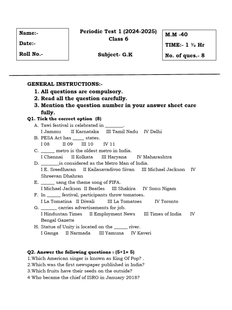 G. K Class 6 2024-25 PT1 | PDF