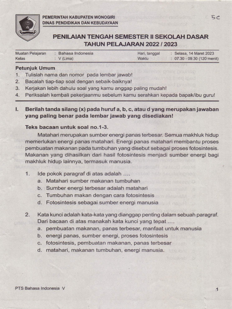 PTS Ii - Bahasa Indonesia - Kelas 5 | PDF