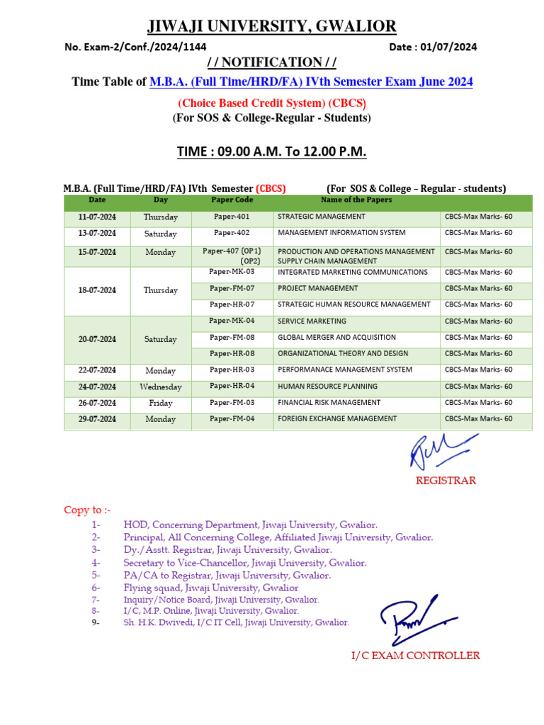 Time Table of M.B.A. Full Time HRD FA IVth Semester Exam June 2024 For SOS and College Regular ...
