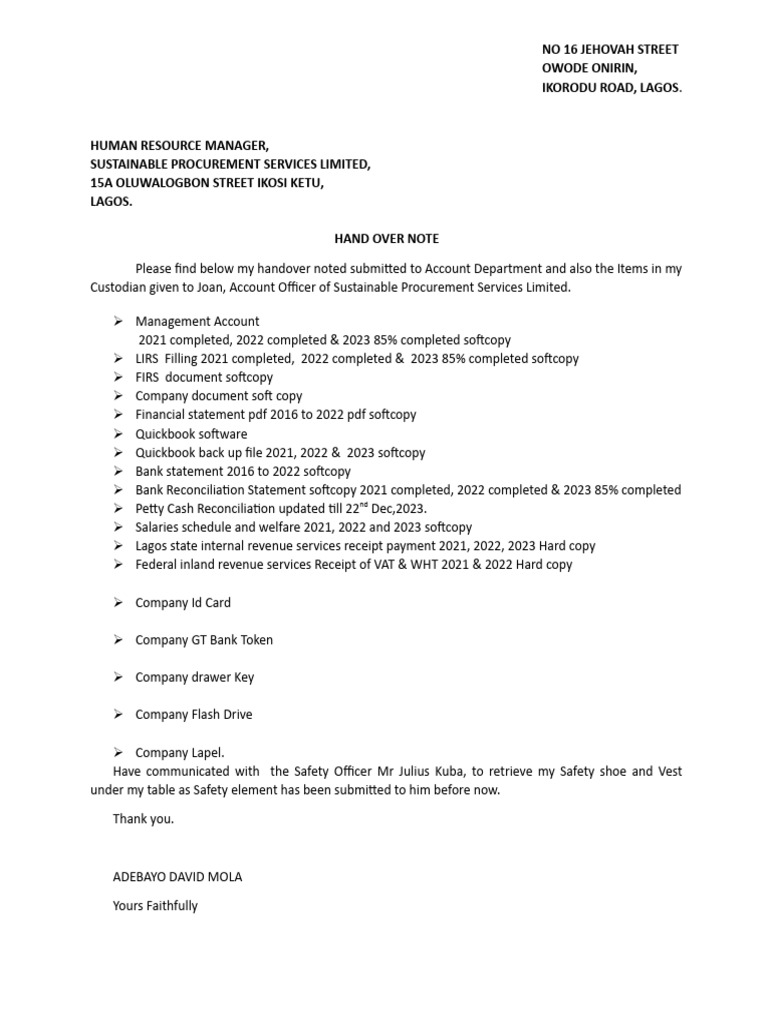 Handover Note for Sustainable Procurement | PDF