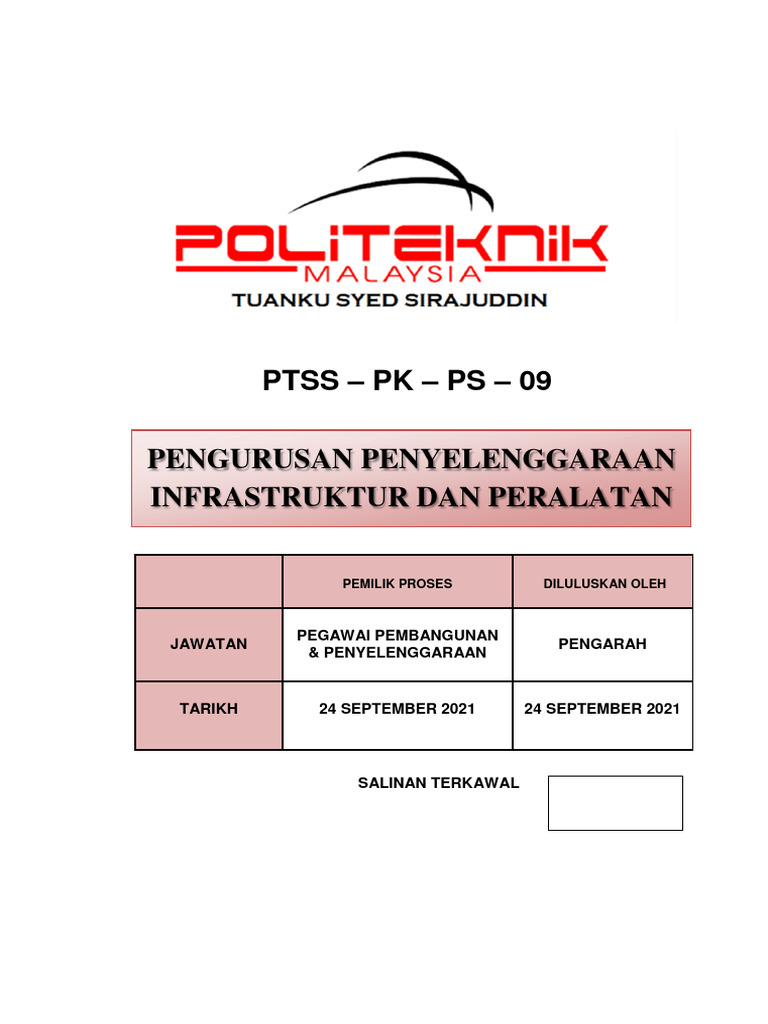 PTSS-PK-PS-09 Pengurusan Penyelenggaraan Infrastruktur Dan Peralatan | PDF