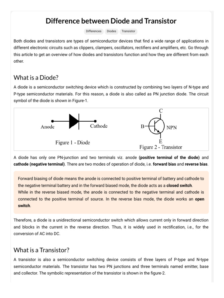 Difference Between Diode and Transistor | PDF | P–N Junction | Transistor