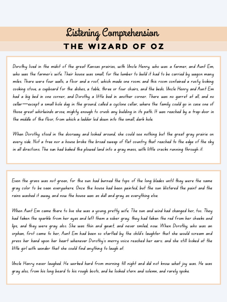 Listening Comprehension - The Wizard of Oz | PDF | Aunt Em | Uncle ...