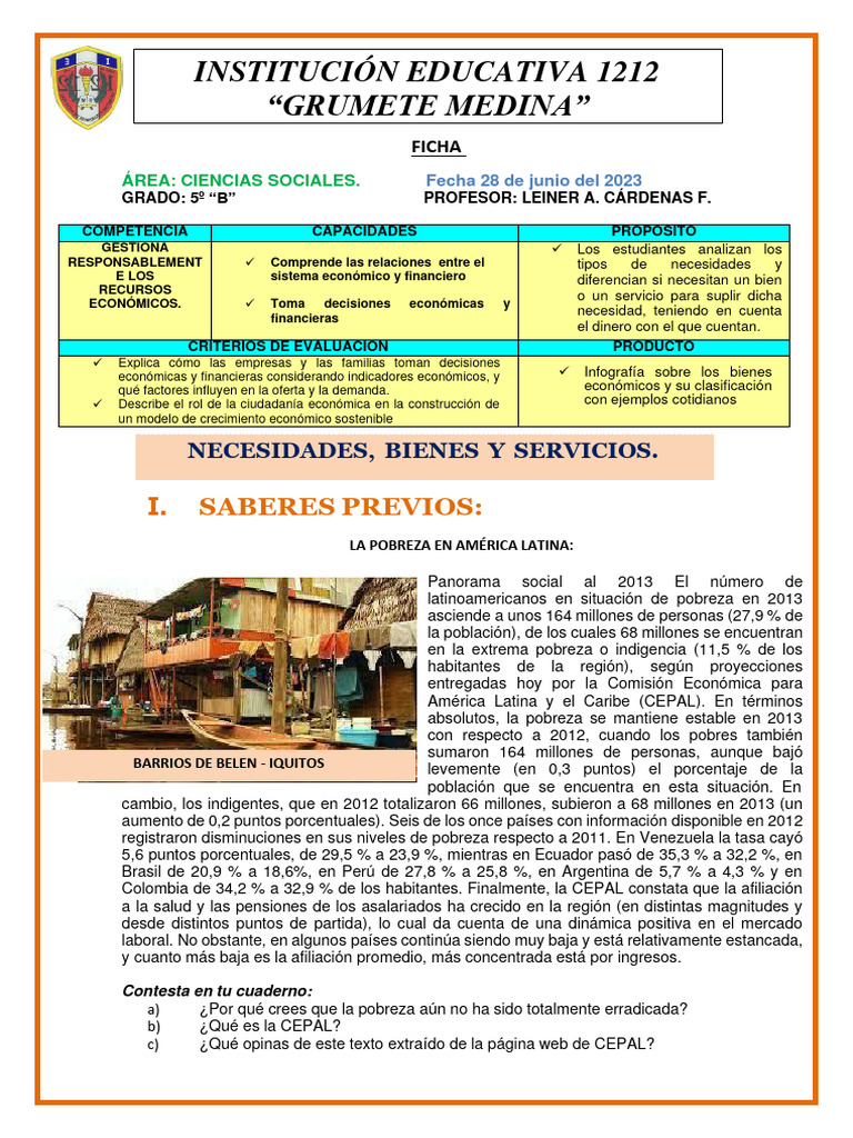 Ficha 01 - Necesidades, Bienes y Servicios | PDF | Bienes | Oferta (economía)