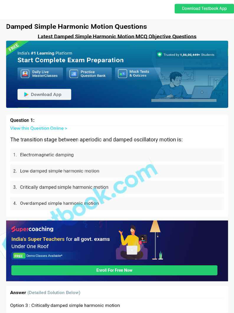 MCQ On Damped Simple Harmonic Motion 5eea6a1339140f30f369ef98 | PDF