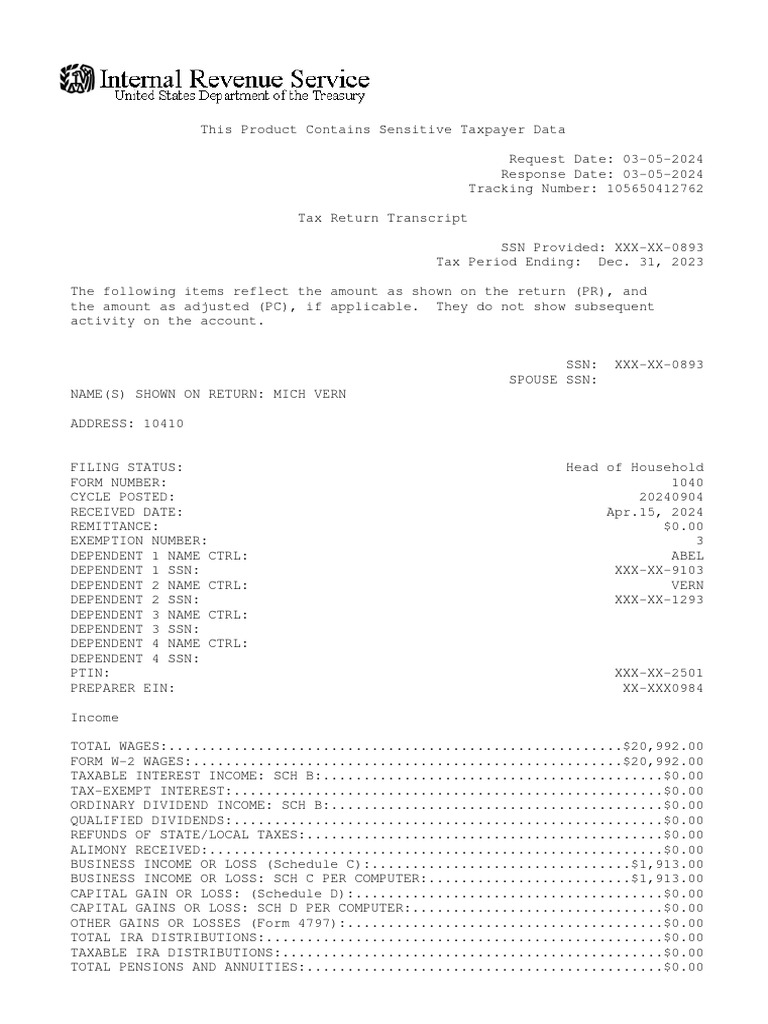 Tax Return Transcript - VERN - 105650412762 | PDF | Tax Deduction | Tax ...
