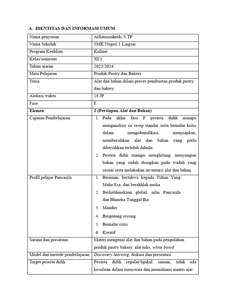 MODUL AJAR XI(1)PASTRY BAKERY E2 | PDF
