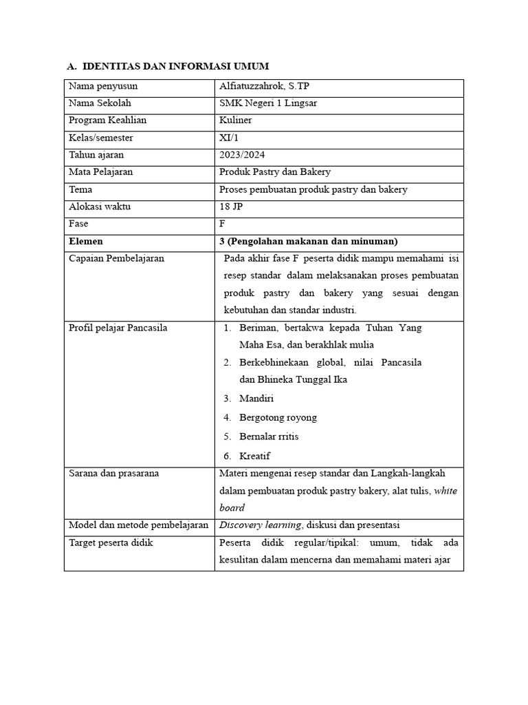 Modul Ajar Xi (1) Pastry Dan Bakeri E3 | PDF