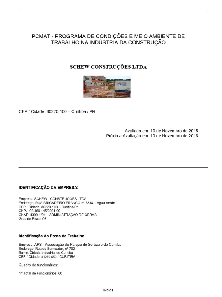 Pcmat Schew - Obra Parque Do Software | PDF | Engenheiro | Engenharia Civil