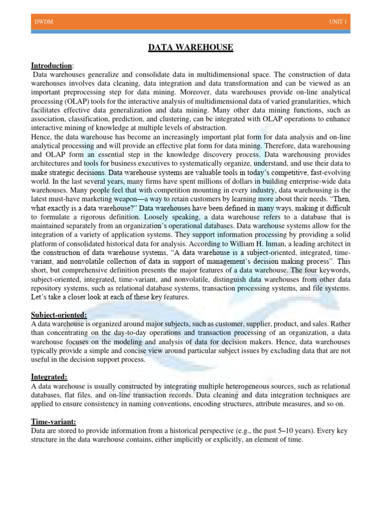 Unit I | PDF | Data Compression | Data Warehouse