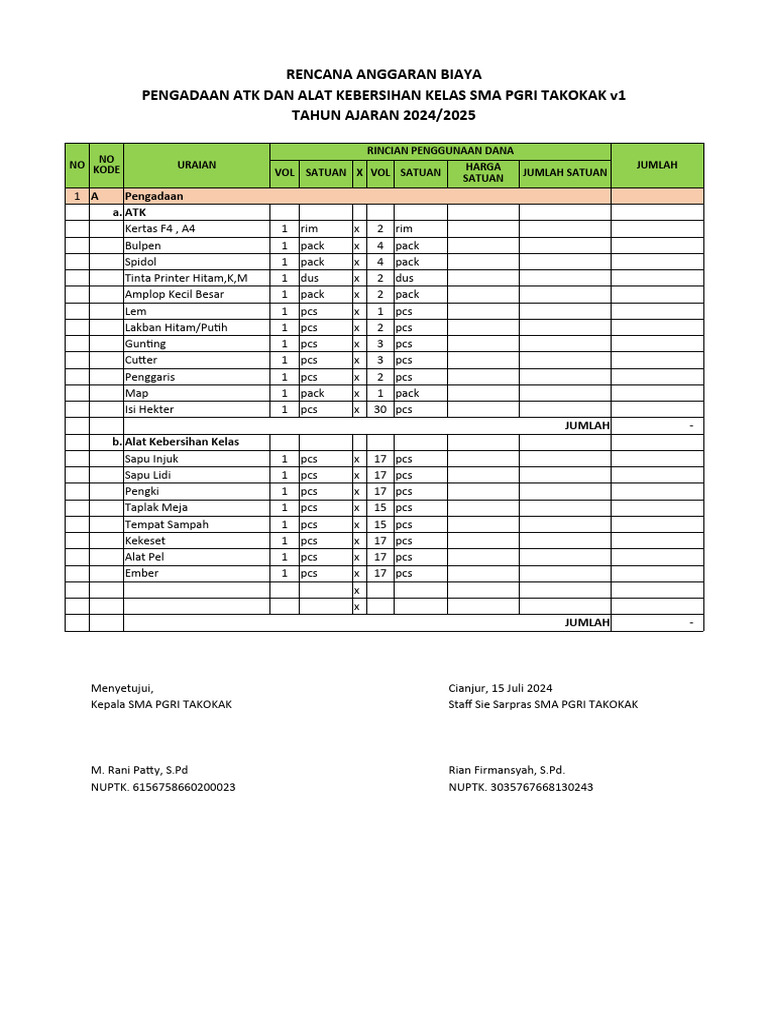RAB Pengadaan ATK Dan Alat Kebersihan Kelas SMAPTA 2024 | PDF