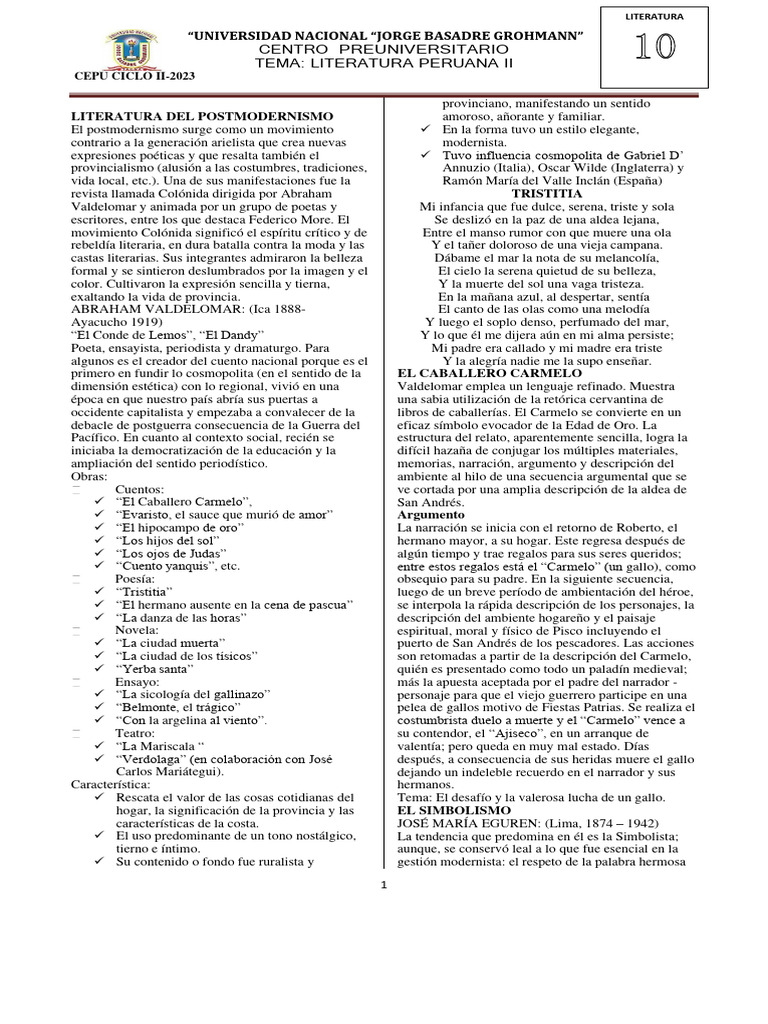 Práctica N°10 Literatura - Con Claves | PDF | Perú