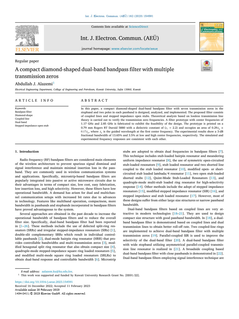 A compact diamond-shaped dual-band bandpass filter with multiple transmission zeros | PDF ...
