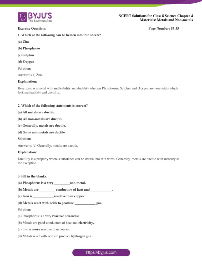 Ncert Solutions For Class 8 March 30 Science Chapter 4 Metals and Non ...
