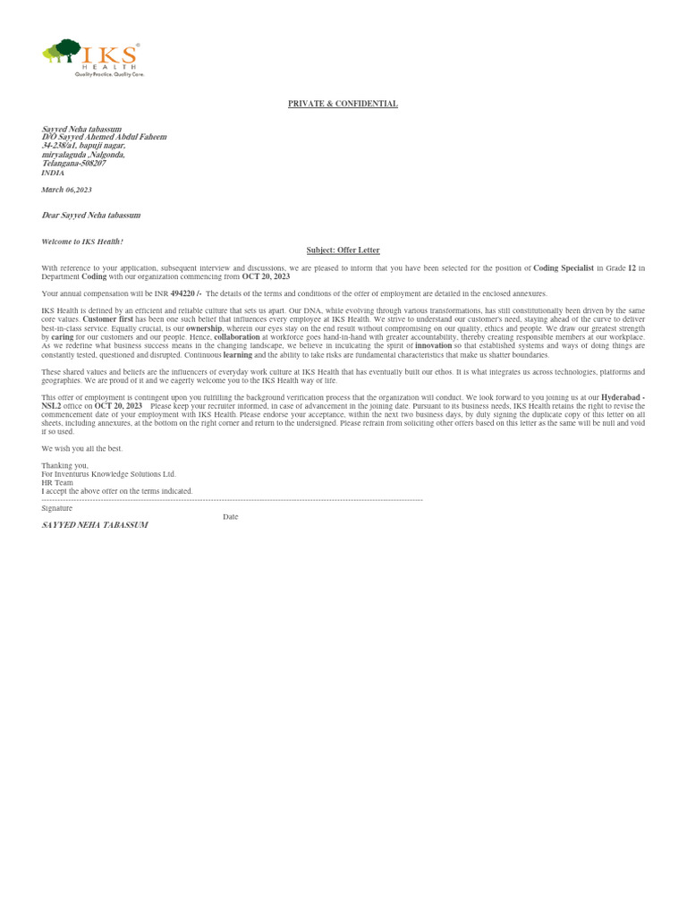 IKS Health Coding Specialist Offer Letter | PDF | Indemnity | Salary
