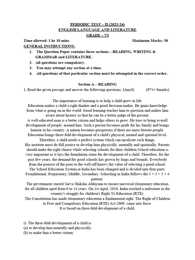 Class 6th Periodic Test 24-25 | PDF Class 6th Periodic Test 24-25 | PDF