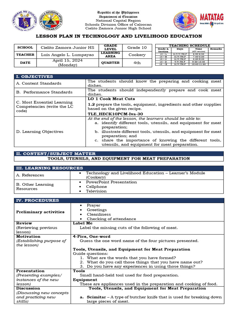 4th Week 2 Tools And Equipment Pdf Meat Steak