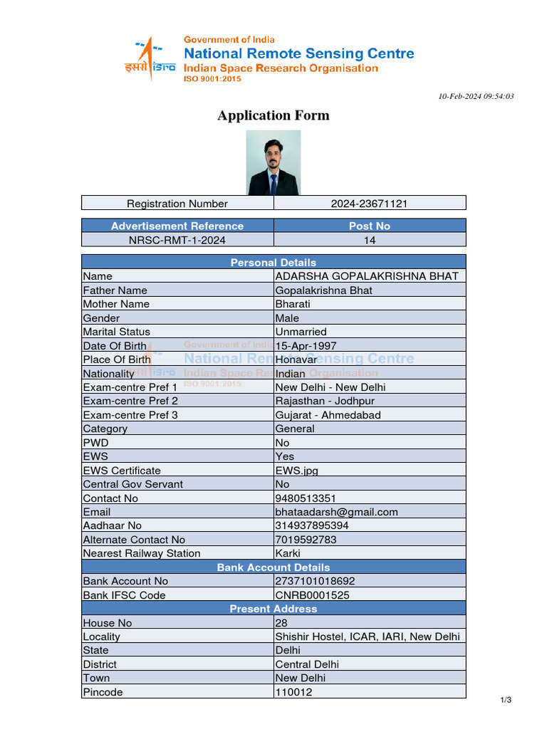 NRSC-RMT-1-2024 Application Form | PDF