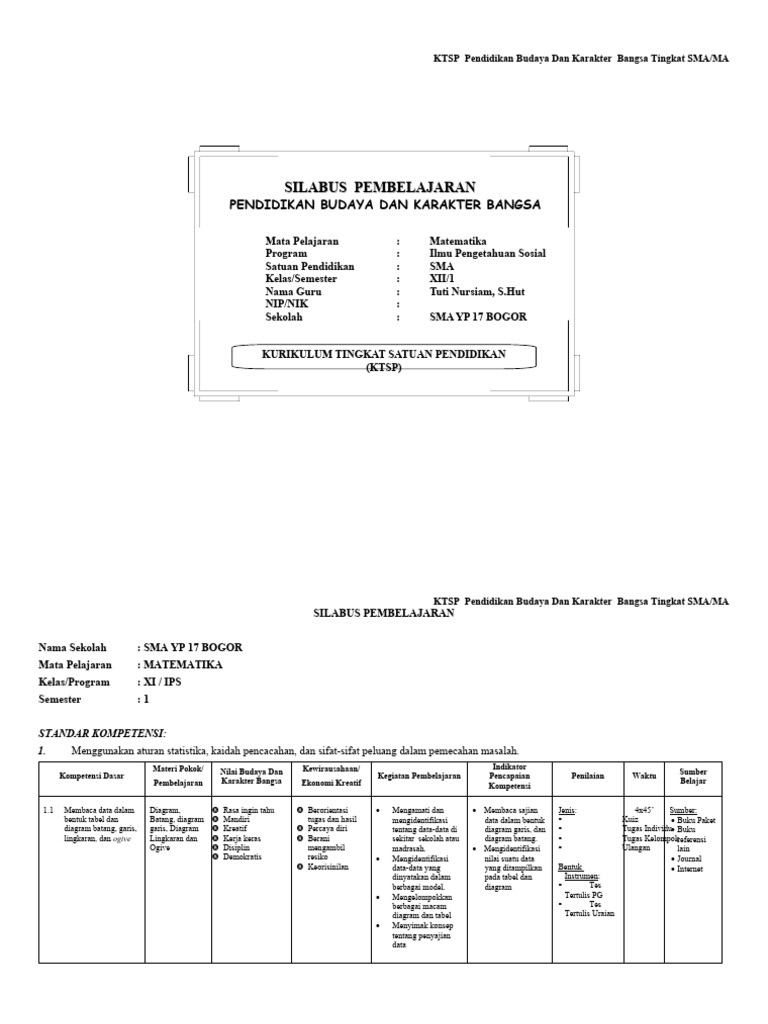 Silabus Kelas 11 Semester 1 Yp 17 | PDF
