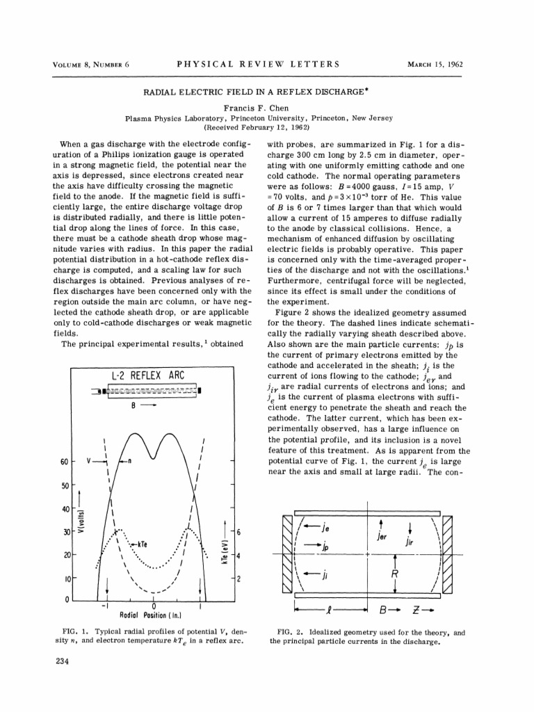 Chen 1962 Radial Electric Field in a Reflex Discharge | Download Free PDF | Plasma (Physics ...