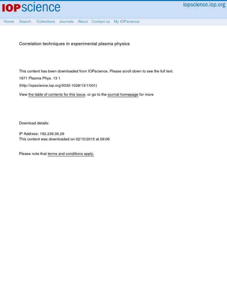 Hooper 1971 Correlation Techniques in Experimental Plasma Physics. Plasma Physics | PDF ...