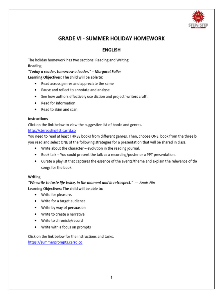 Holiday Homework Grade VI | PDF