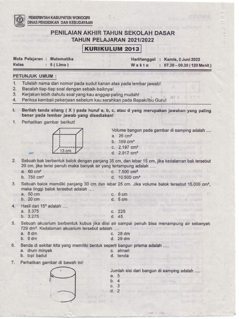 Pat - TP 2021-2022 - KLS.5 - Matematika | PDF