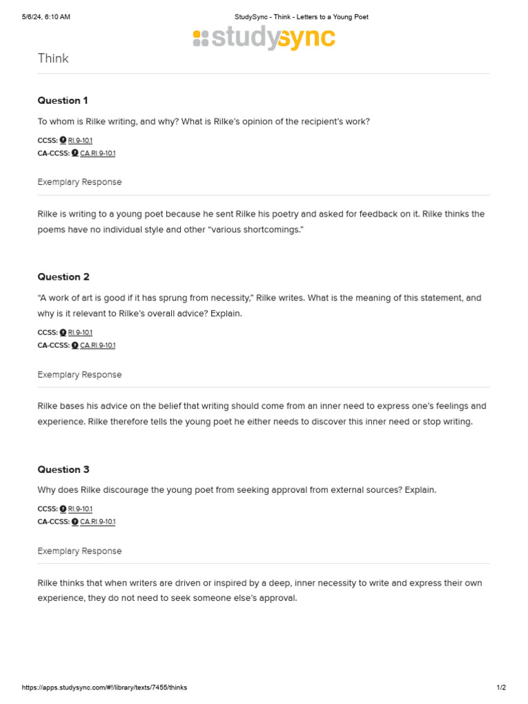 StudySync - Think - Letters To A Young Poet | PDF