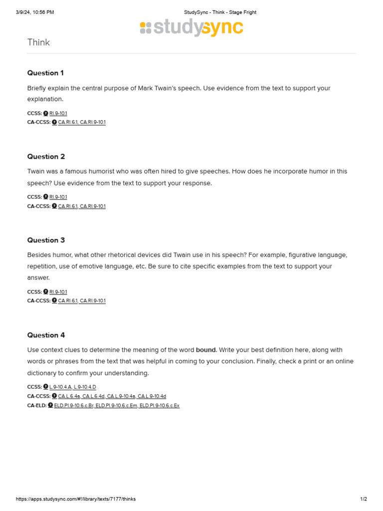 StudySync - Think - Stage Fright | PDF