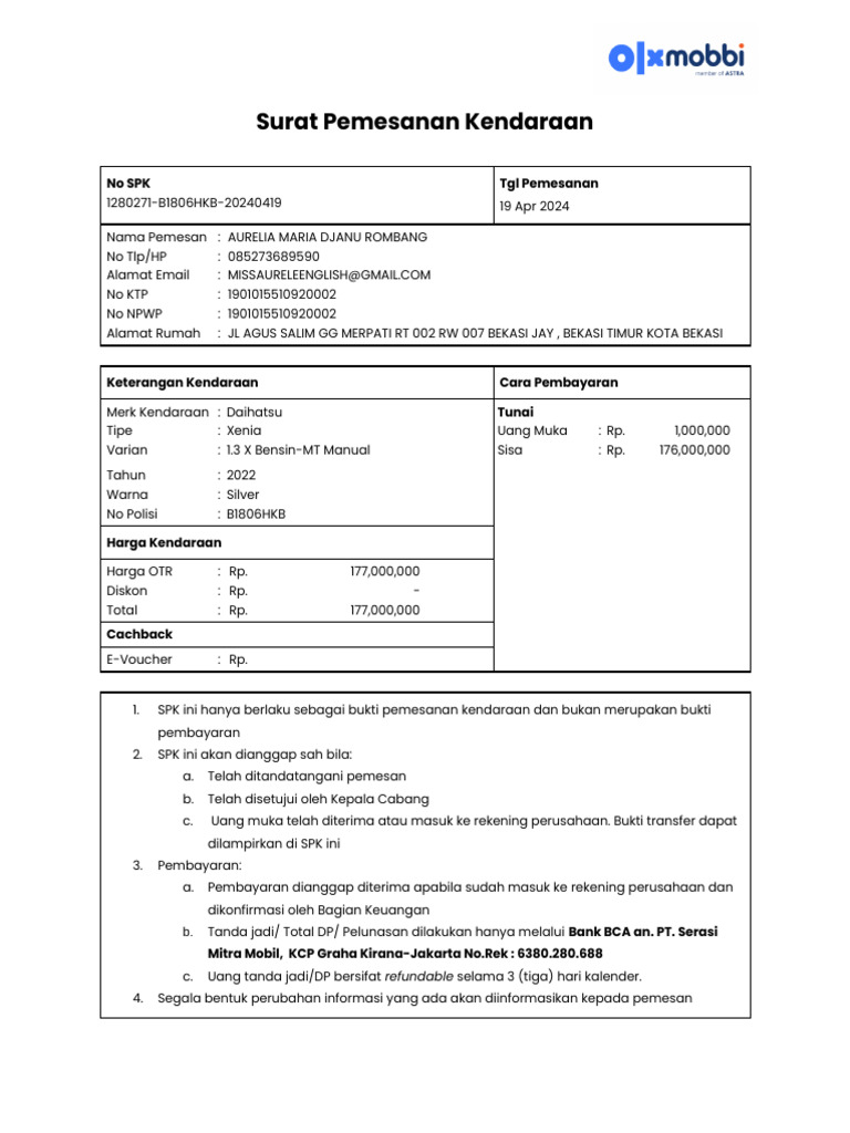SPK - b2c2 - Olx Autos Itc Cempaka Mas - Aurelia Maria Djanu Rombang - b1806hkb | PDF