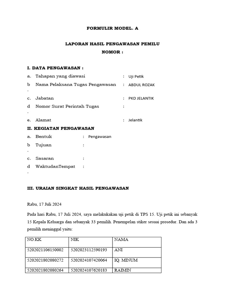 FORM A 17 Juli 2024 UJI PETIK | PDF