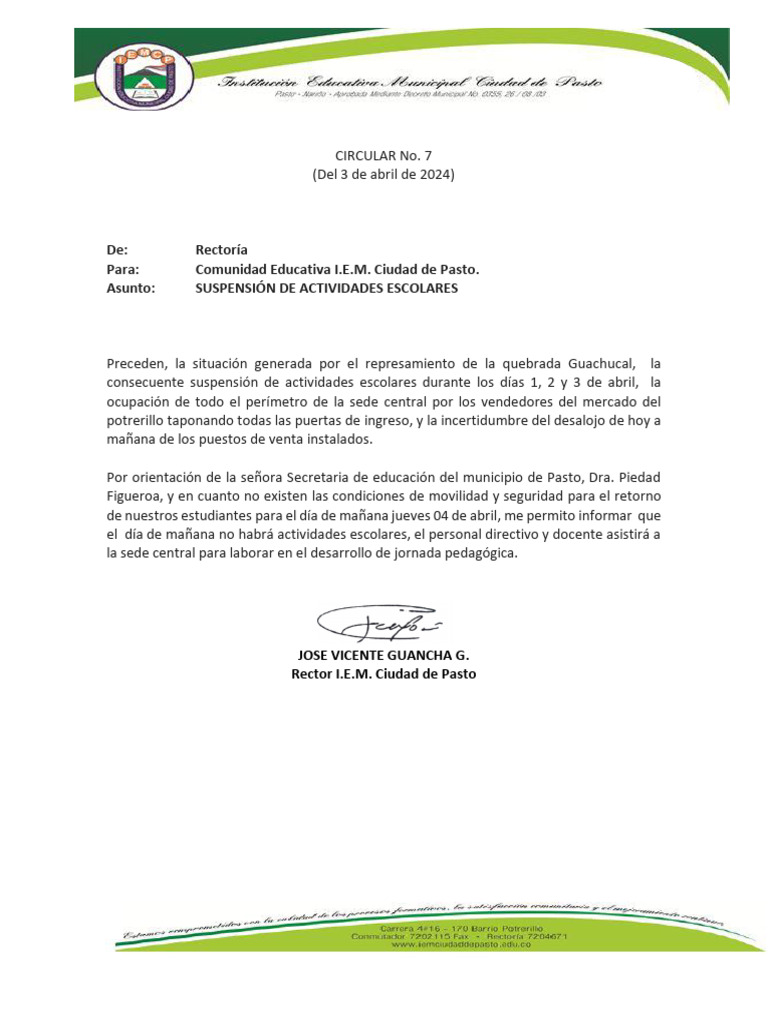 CIRCULAR No. 7 SUSPENSION DE ACTIVIDADES ESCOLARES | PDF | Viajes y turismo
