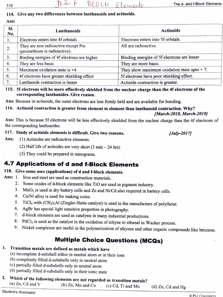 MCQ'S FOR D AND F BLOCK | PDF | Transition Metals | Lanthanide