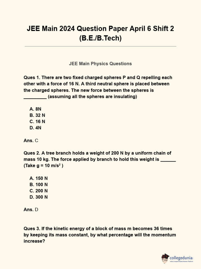 JEE Main 2024 April 6 Shift 2 Paper | PDF | Force | Mass