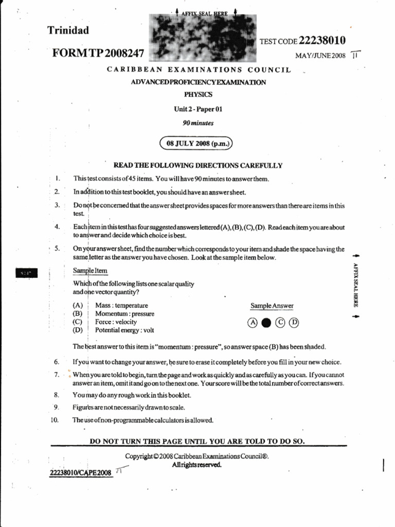Cape Physics U2 P1 May-June 2008 Trinidad With Answers | PDF