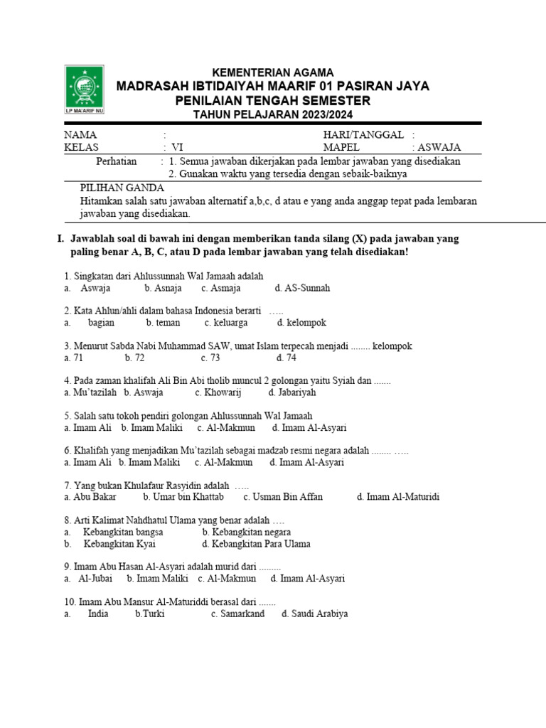 Soal PTS ASWAJA Kls 6 Sem 1 Okee | PDF